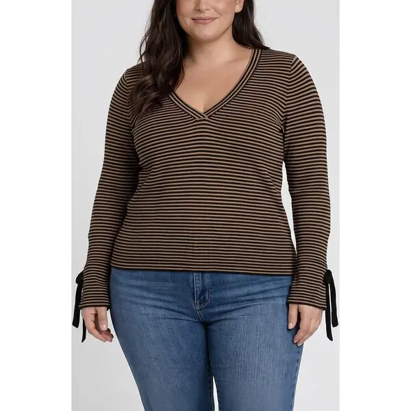 LIVERPOOL Striped V-neck Top With Adjustable Cuffs - Tan/black Strpe