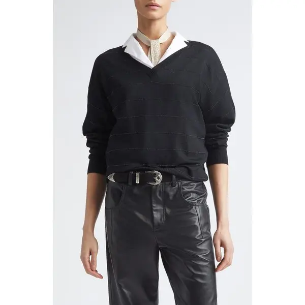Eleventy Metallic Stripe Wool V-neck Sweater