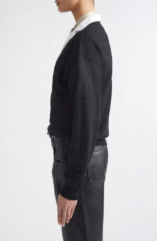 Eleventy Metallic Stripe Wool V-neck Sweater