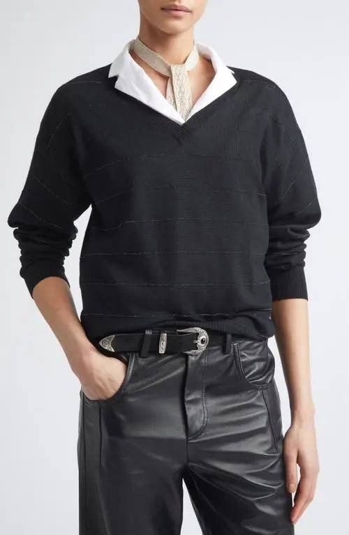 Eleventy Metallic Stripe Wool V-neck Sweater