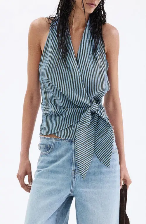 Mango Striped Halter Top With Fixed Knot - Blue