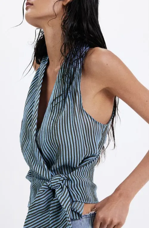 Mango Striped Halter Top With Fixed Knot - Blue