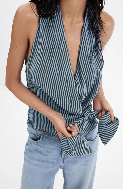 Mango Striped Halter Top With Fixed Knot - Blue