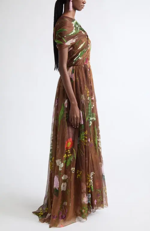 Oscar De La Renta Floral One-shoulder Silk Chiffon Gown