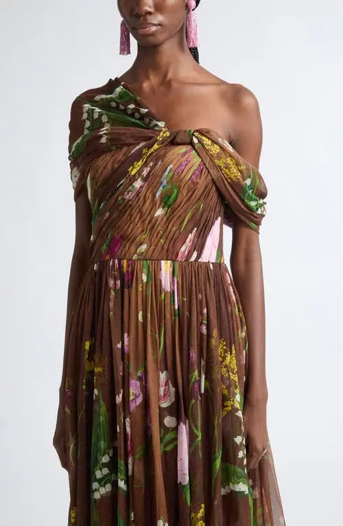 Oscar De La Renta Floral One-shoulder Silk Chiffon Gown