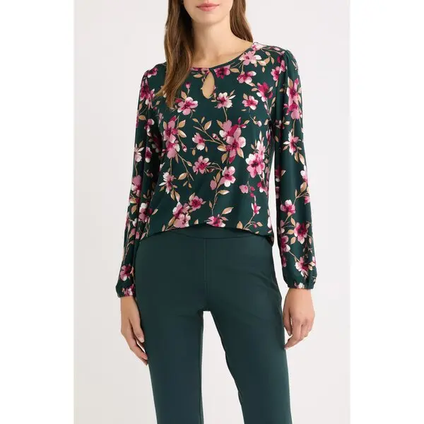 Anne Klein Floral Keyhole Long Sleeve Top