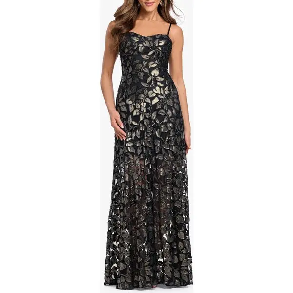 Betsy & Adam Metallic Leaf Burnout Gown