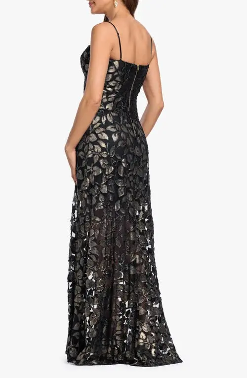 Betsy & Adam Metallic Leaf Burnout Gown