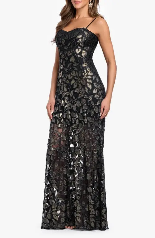 Betsy & Adam Metallic Leaf Burnout Gown
