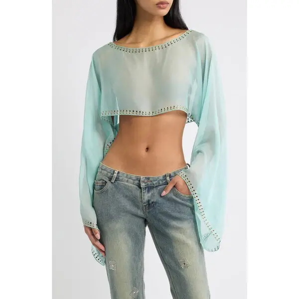JADED LONDON Embellished Cape Top With Bell Sleeves - Blue