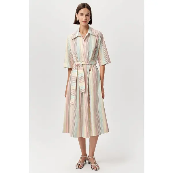 EXQUISE Keitha Belted Striped Midi Dress