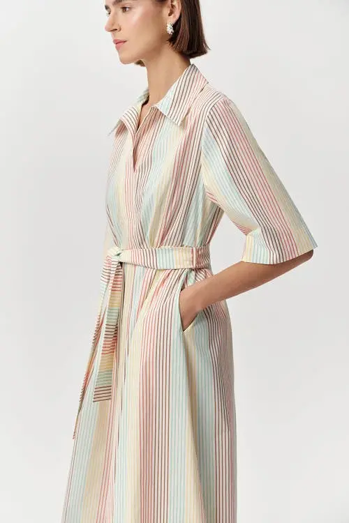 EXQUISE Keitha Belted Striped Midi Dress