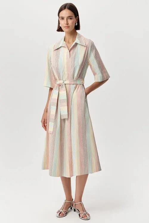EXQUISE Keitha Belted Striped Midi Dress