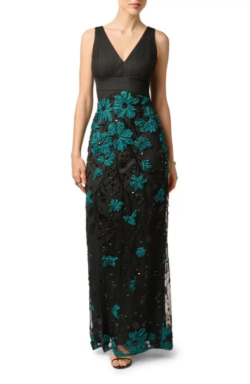 Aidan Mattox Sleeveless V-neck Gown With Floral Embroidery And Beadwork