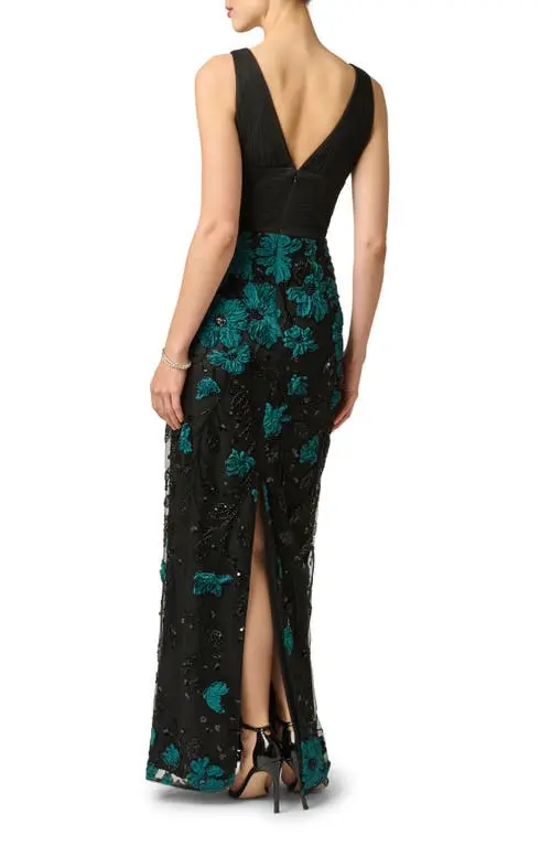 Aidan Mattox Sleeveless V-neck Gown With Floral Embroidery And Beadwork