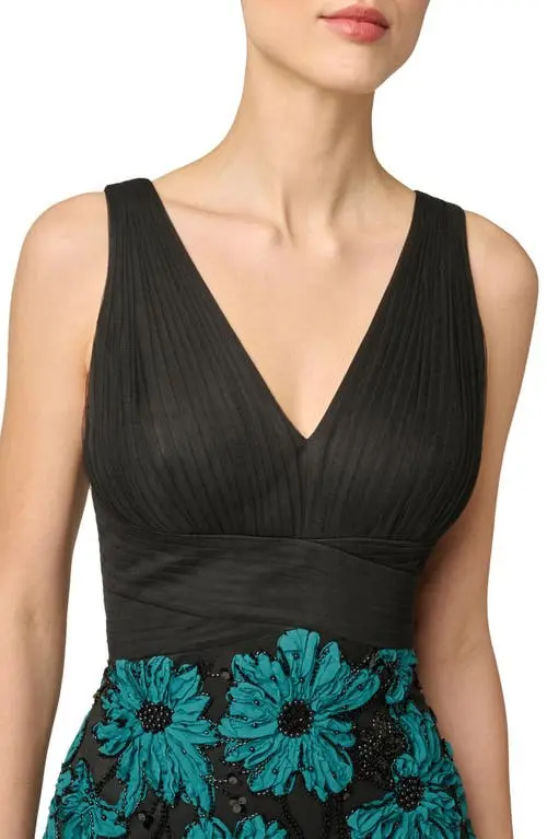 Aidan Mattox Sleeveless V-neck Gown With Floral Embroidery And Beadwork