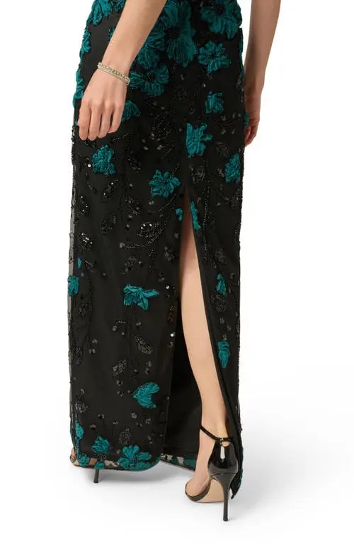 Aidan Mattox Sleeveless V-neck Gown With Floral Embroidery And Beadwork