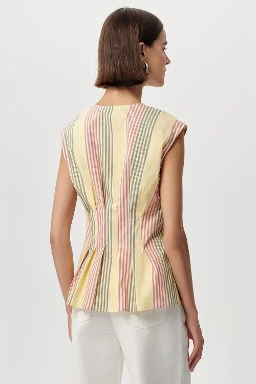 EXQUISE Biana V-neck Sleeveless Striped Pleated Waist Shirt