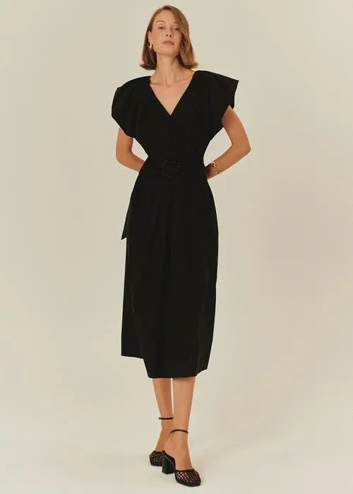 EXQUISE Sabrina Midi Dress With V-neck And Belt