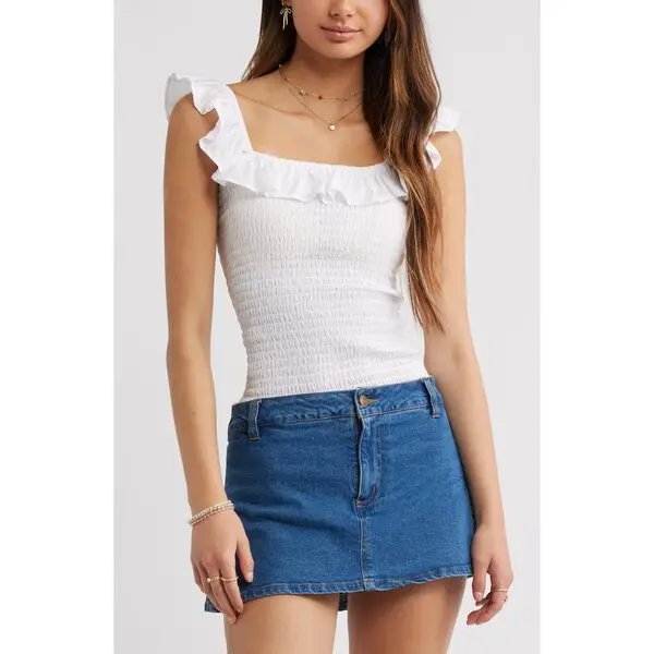 Bp. Smocked Ruffle Trim Tank - White