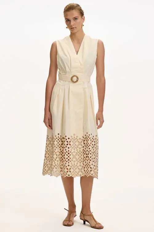 EXQUISE Sleeveless V-neck Belted Midi Dress