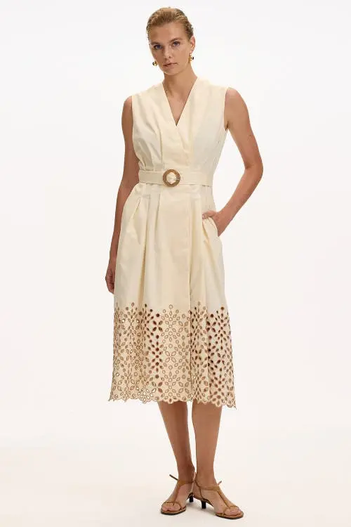 EXQUISE Sleeveless V-neck Belted Midi Dress