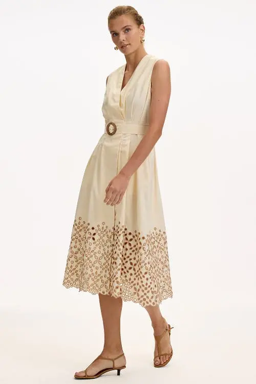 EXQUISE Sleeveless V-neck Belted Midi Dress