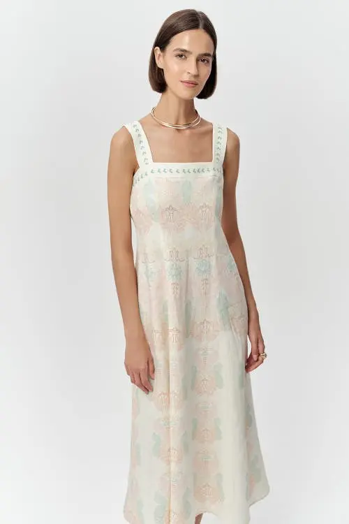 EXQUISE Elvis Square Neck Linen Midi Dress