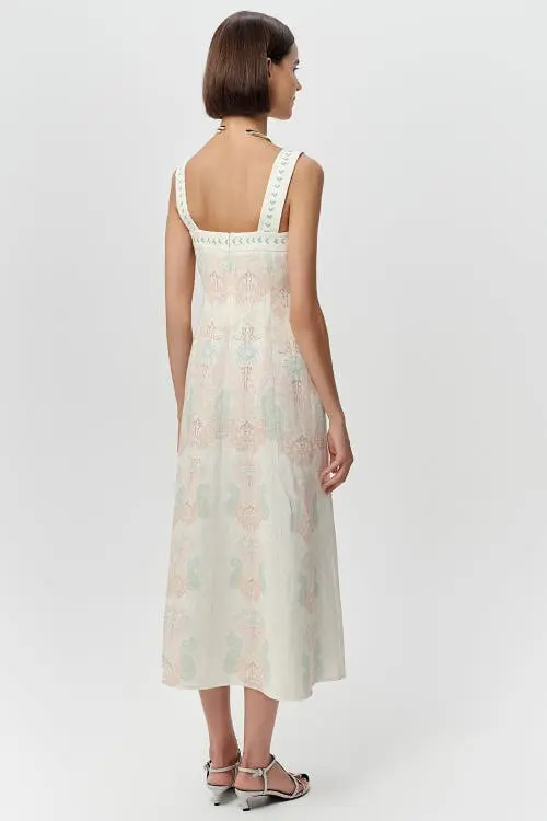 EXQUISE Elvis Square Neck Linen Midi Dress