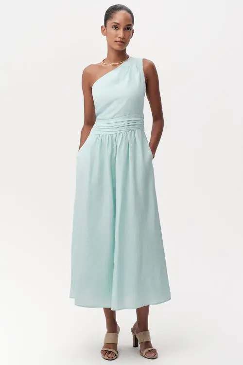EXQUISE Asymmetrical One Shoulder Linen Blend Midi Dress - Blue