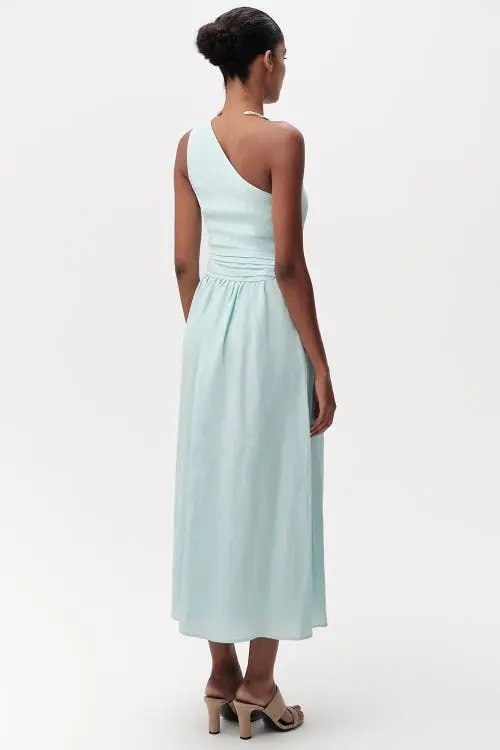 EXQUISE Asymmetrical One Shoulder Linen Blend Midi Dress - Blue