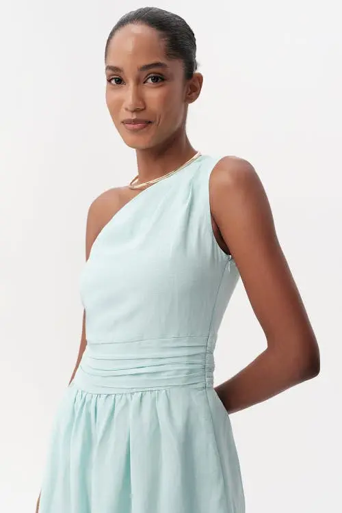 EXQUISE Asymmetrical One Shoulder Linen Blend Midi Dress - Blue
