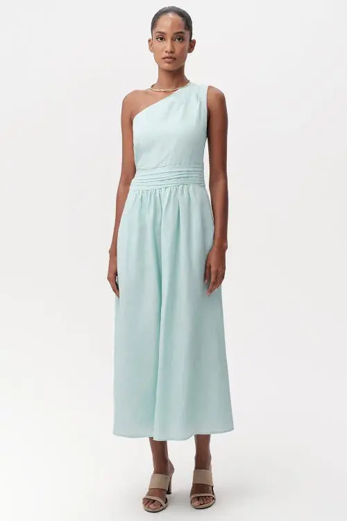 EXQUISE Asymmetrical One Shoulder Linen Blend Midi Dress - Blue