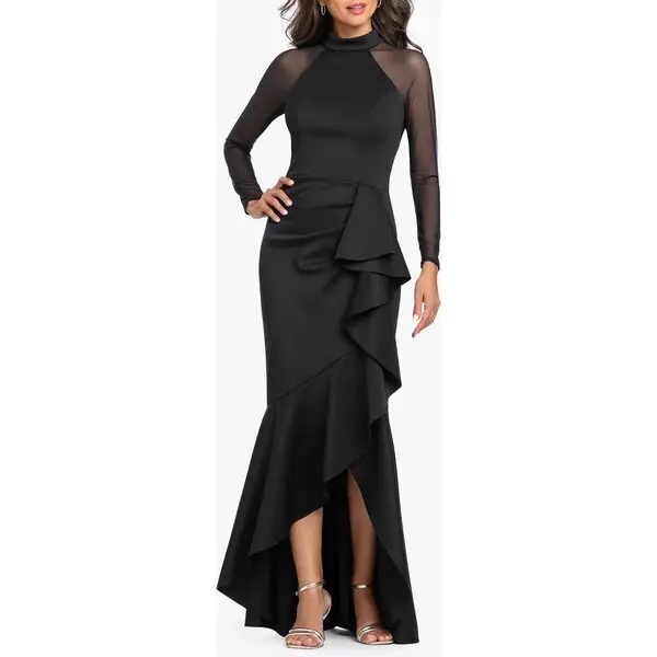 Betsy & Adam Scuba & Mesh High-low Gown With Ruffles