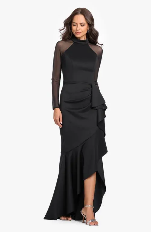 Betsy & Adam Scuba & Mesh High-low Gown With Ruffles