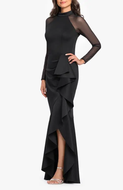 Betsy & Adam Scuba & Mesh High-low Gown With Ruffles