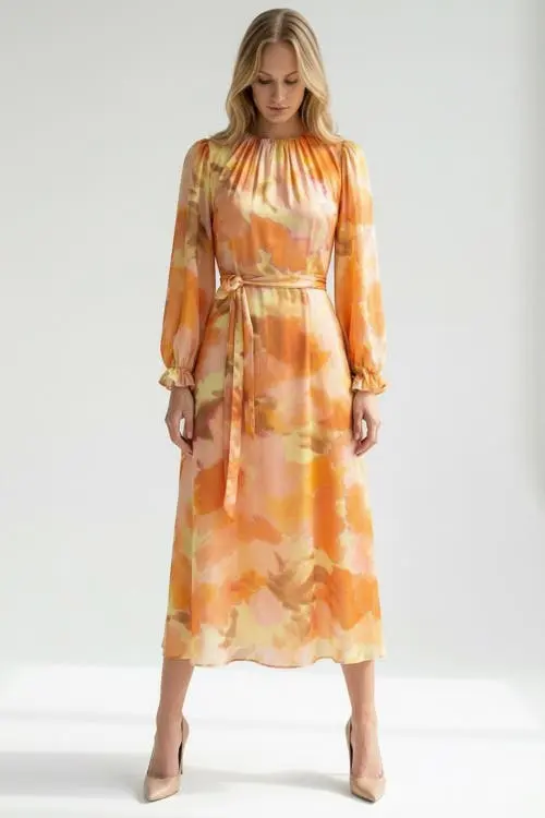 EXQUISE Crew Neck Long Sleeve Printed Midi Dress