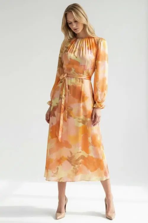 EXQUISE Crew Neck Long Sleeve Printed Midi Dress
