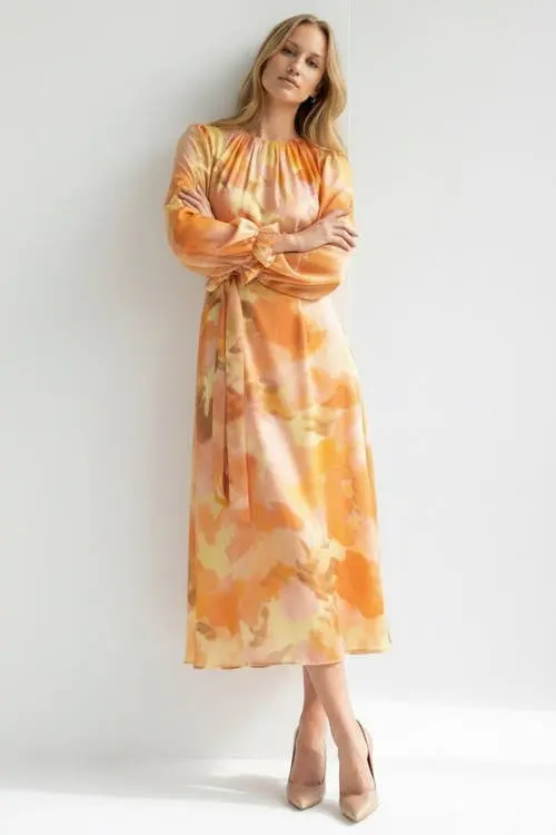 EXQUISE Crew Neck Long Sleeve Printed Midi Dress