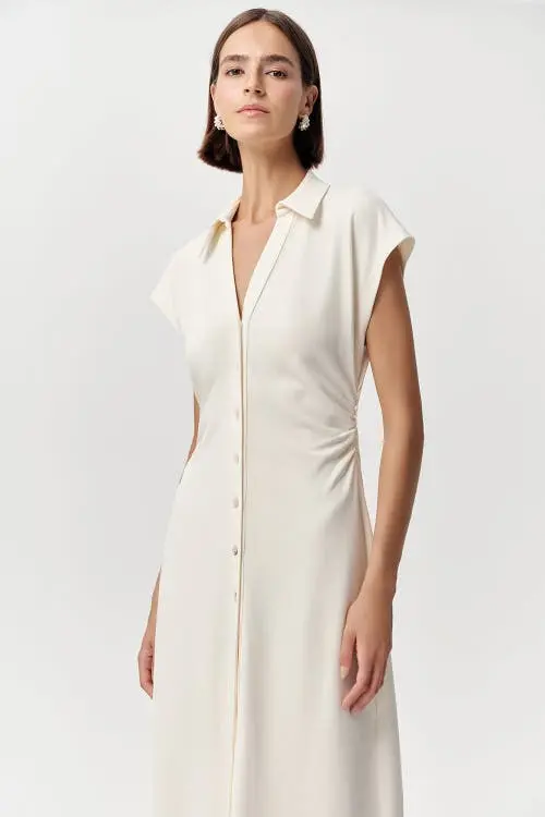 EXQUISE Ursula Collared Gathered Waist Knit Midi Dress