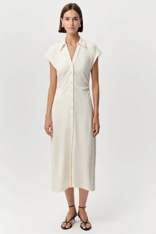 EXQUISE Ursula Collared Gathered Waist Knit Midi Dress