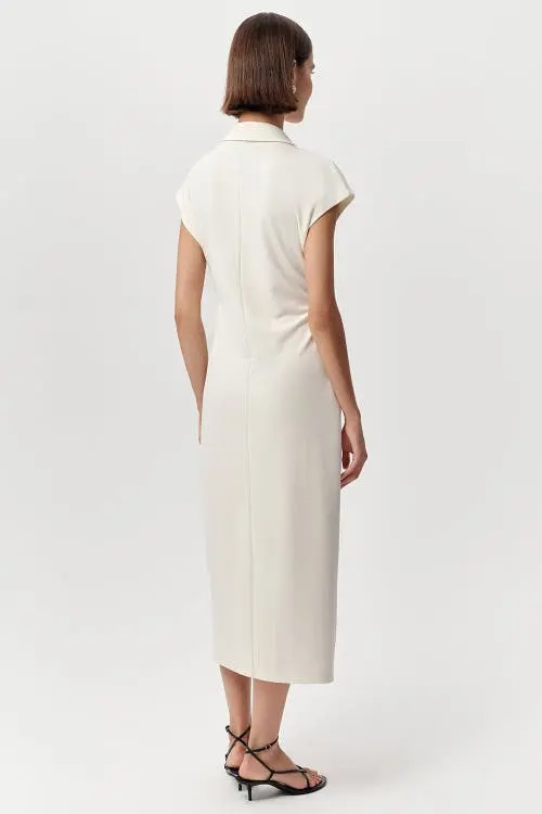 EXQUISE Ursula Collared Gathered Waist Knit Midi Dress