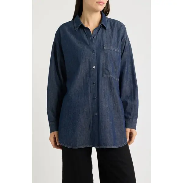Eileen Fisher Organic Cotton Chambray Button-up Shirt - Dark Indigo