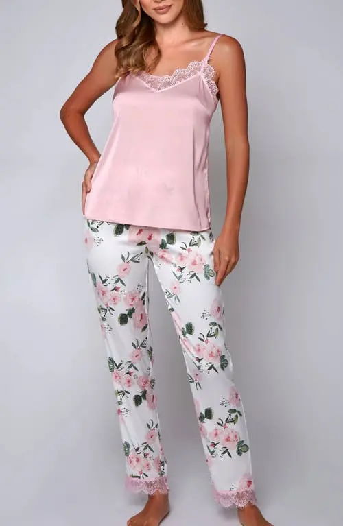 ICOLLECTION Lace Trim Satin Cami & Floral Pants Pajama Set