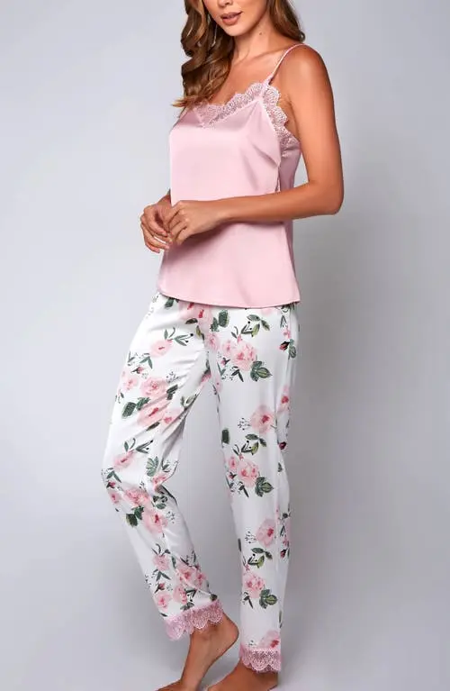 ICOLLECTION Lace Trim Satin Cami & Floral Pants Pajama Set