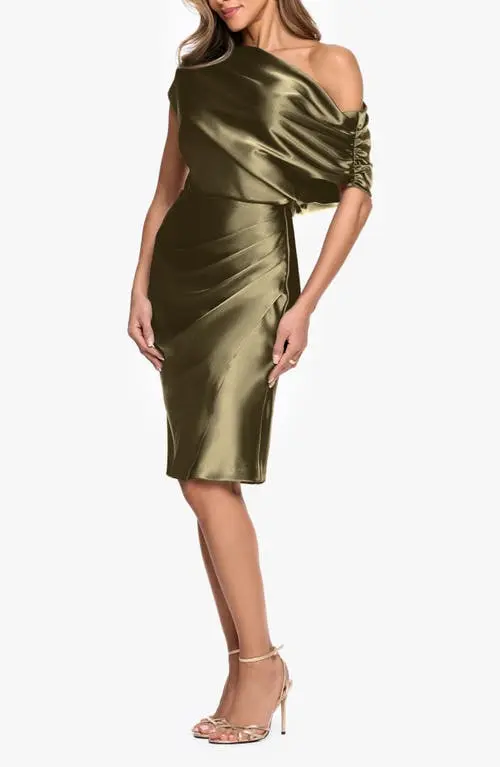 Betsy & Adam One-shoulder Ruched Satin Charmeuse Cocktail Dress - Olive
