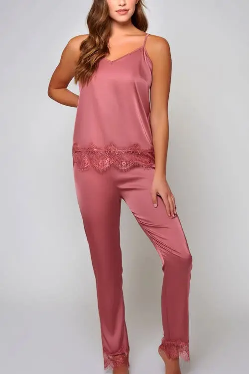 ICOLLECTION Stretch Satin Lace-trim Pajama Set