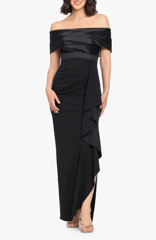 Betsy & Adam Mixed Media Off The Shoulder Cascade Ruffle Gown