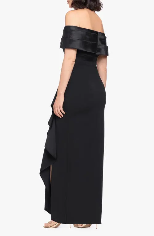Betsy & Adam Mixed Media Off The Shoulder Cascade Ruffle Gown