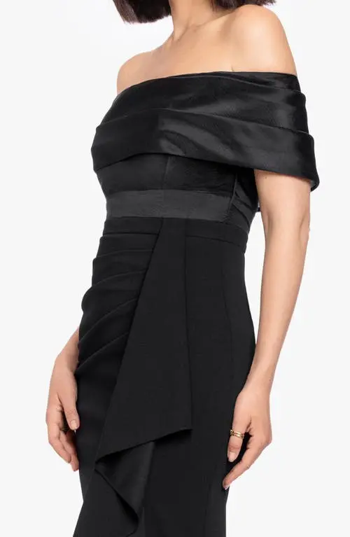 Betsy & Adam Mixed Media Off The Shoulder Cascade Ruffle Gown